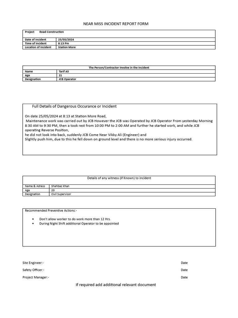 Near Miss Incident Report: Road Construction | PDF