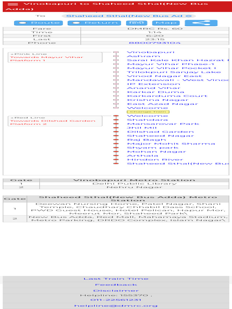 Route From Vinobapuri to Shaheed Sthal(New Bus Adda) - Delhi Metro ...