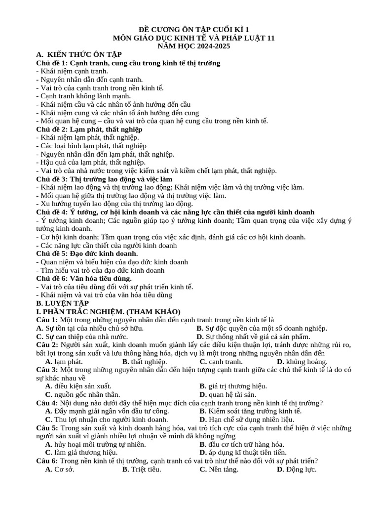 ĐỀ CƯƠNG ÔN TẬP CUỐI KÌ 1 MÔN GDKT&PL 11-HS | PDF