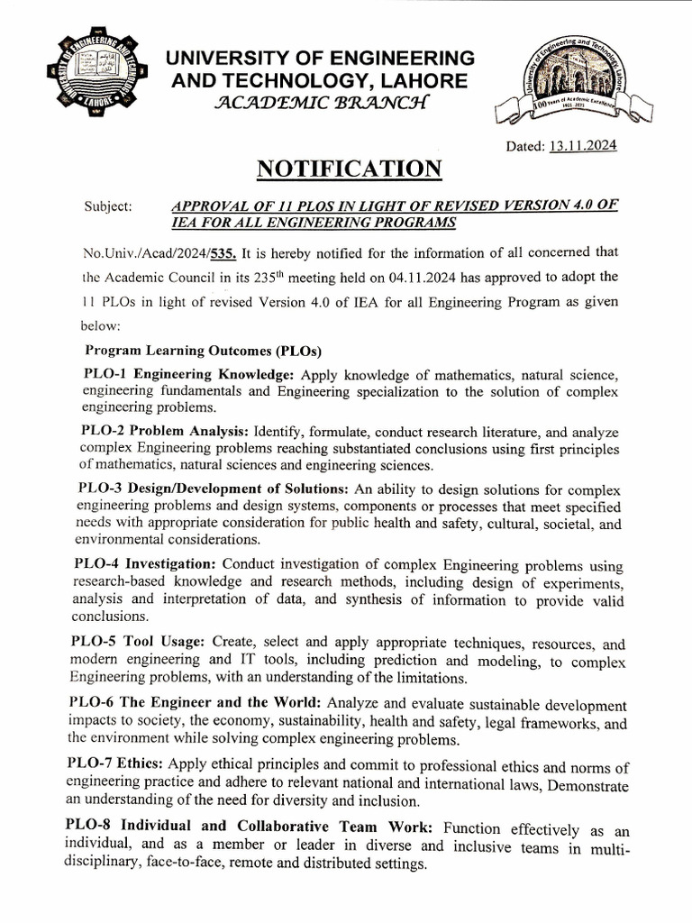 11 PLOs of PEC Adopt by The UET | PDF