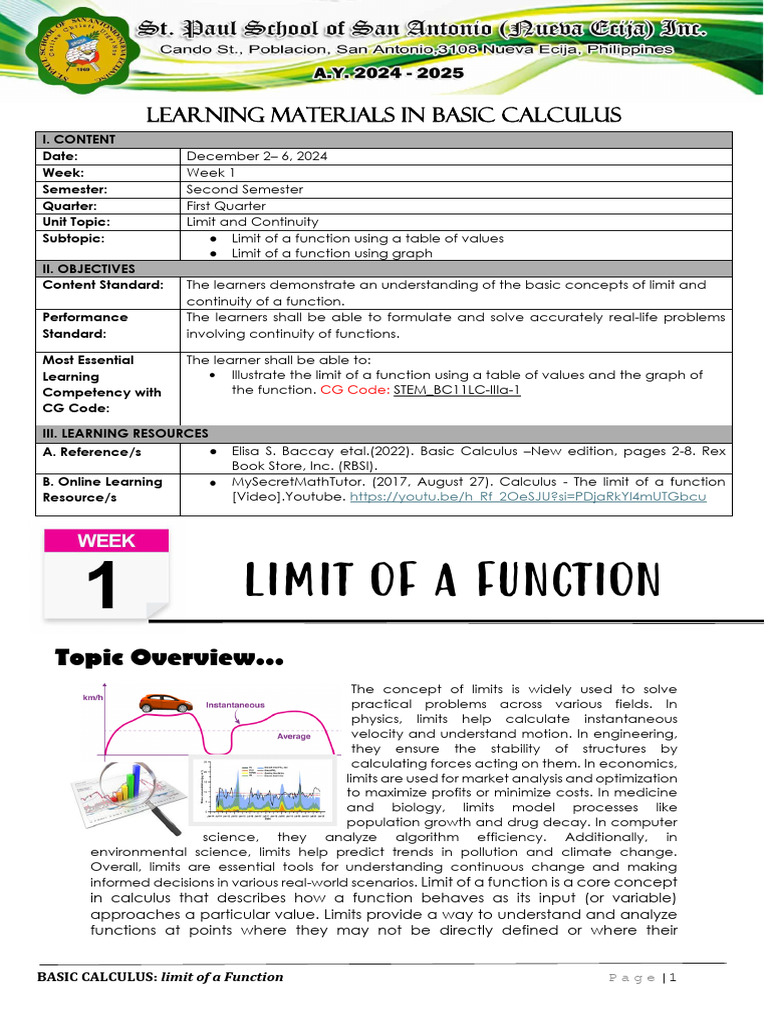WEEK 1 Basic Calculus | PDF | Limit (Mathematics) | Function (Mathematics)