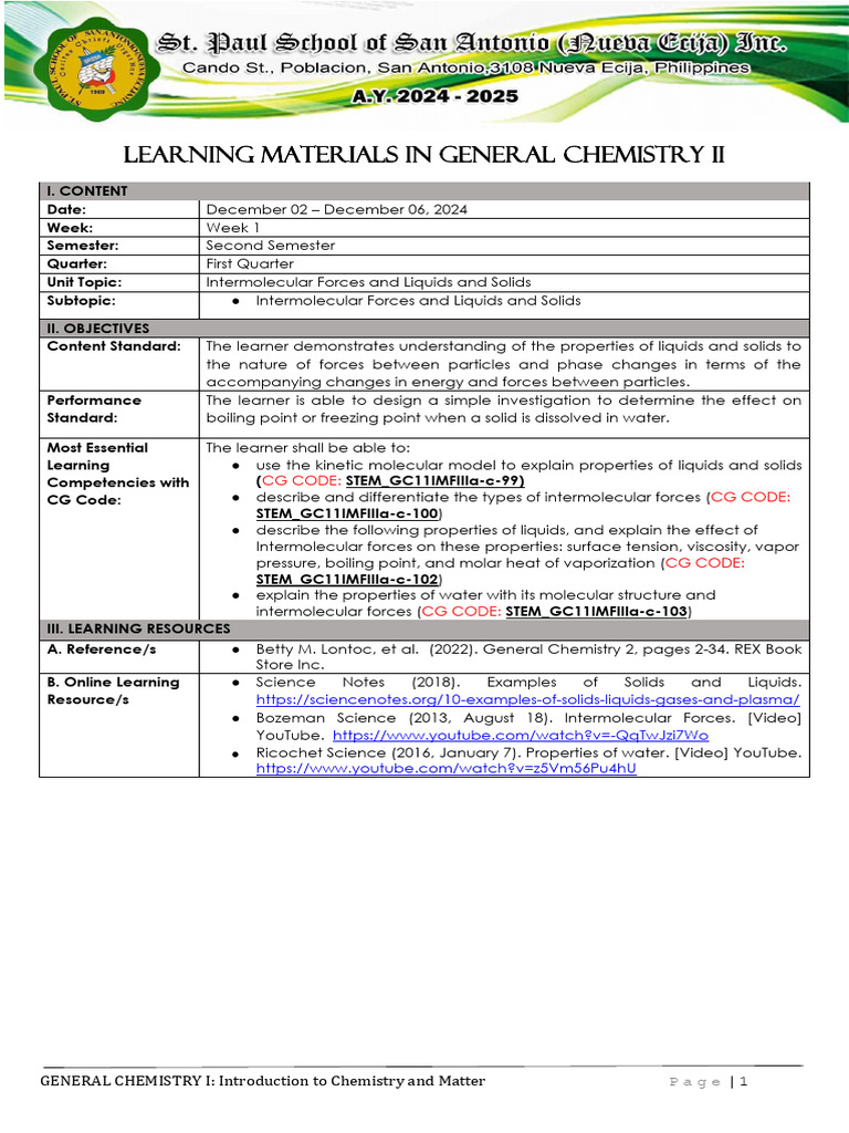 WEEK-1-LEARNING-MATERIALS-IN-GENERAL-CHEMISTRY-II | PDF | Intermolecular Force | Chemical Bond