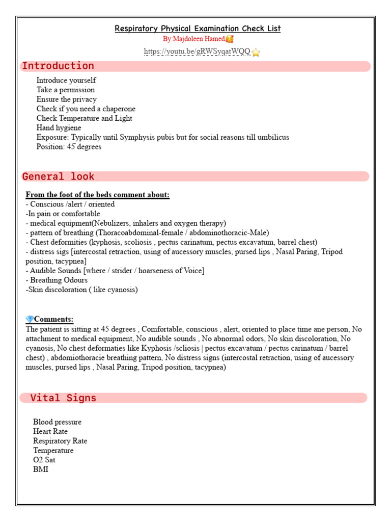 Respiratory Physical Exam Checklist | PDF | Thorax | Breathing