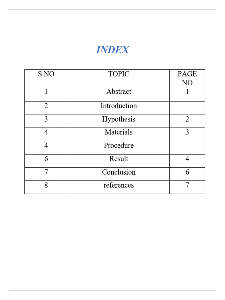 Index: S.No Topic NO 1 1 2 3 Hypothesis 2 4 Materials 3 4 Procedure 6 ...
