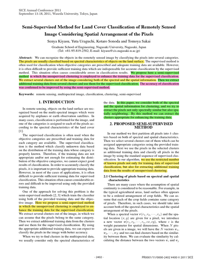 2011 Semi-Supervised Method For Land Cover Classification of Remotely Sensed Image Considering ...