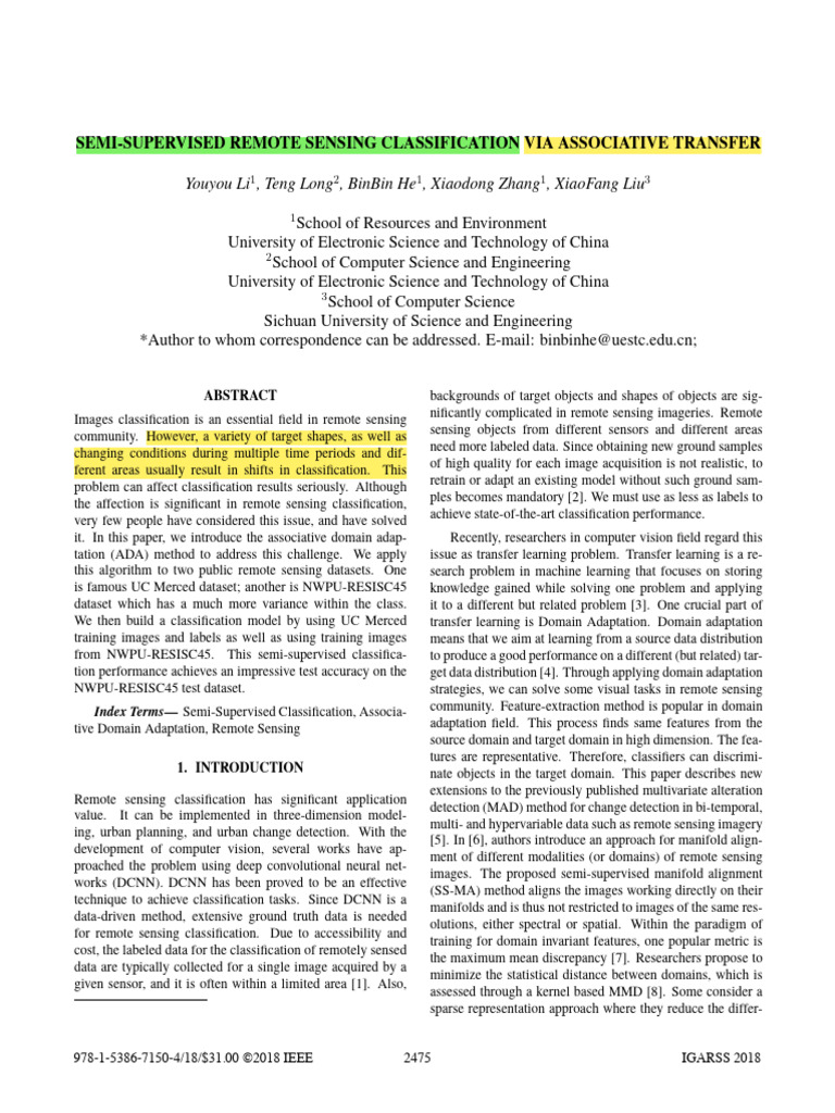 2018 Semi-Supervised Remote Sensing Classification Via Associative Transfer | PDF | Computer ...