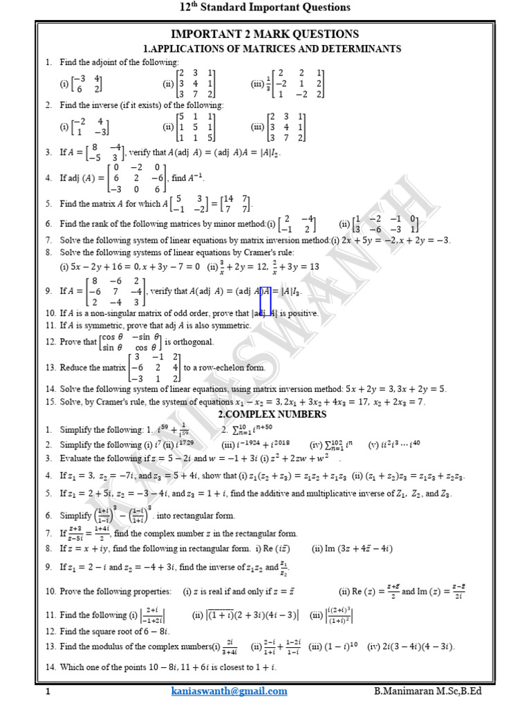 12th Maths Important Questions English Medium PDF Download | PDF | Line ...