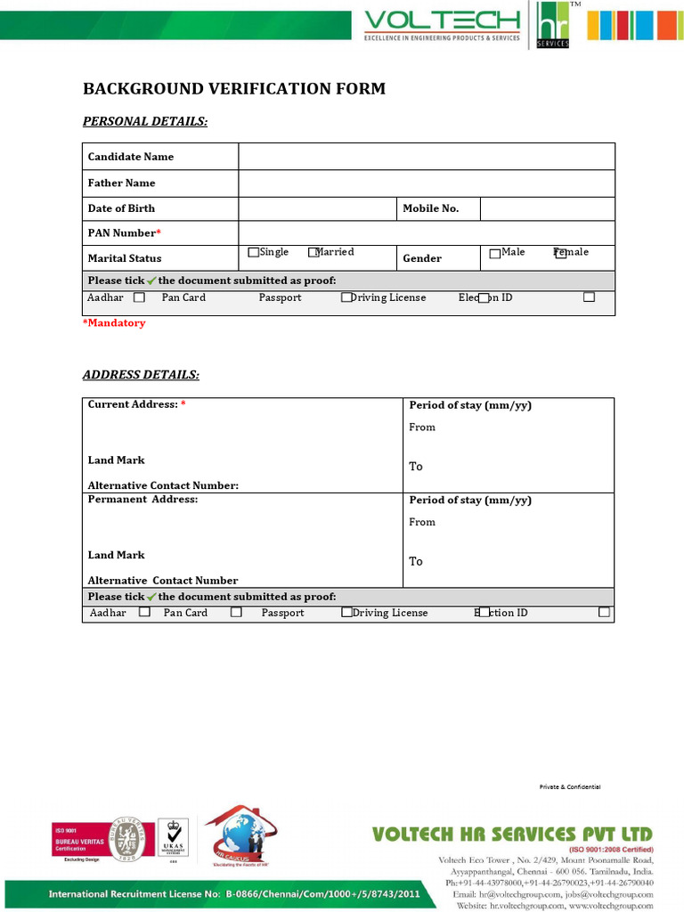 Background Verification Form - Voltech Format | PDF | Government And ...