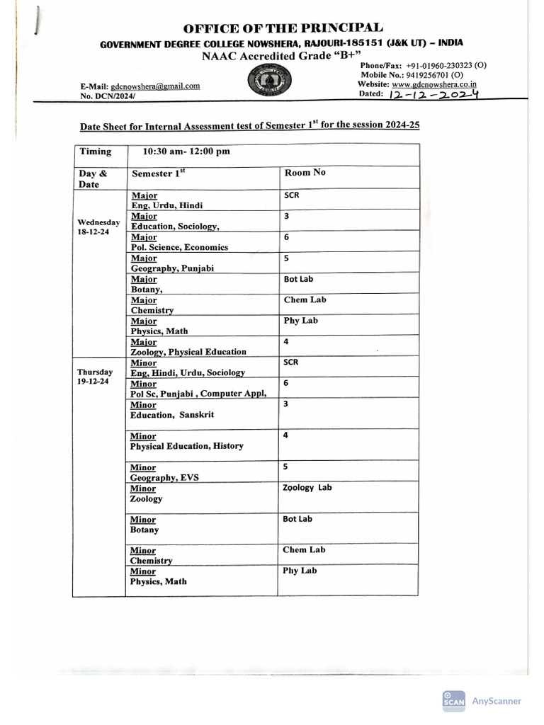 Sem-I Internal Examination Date Sheet | PDF