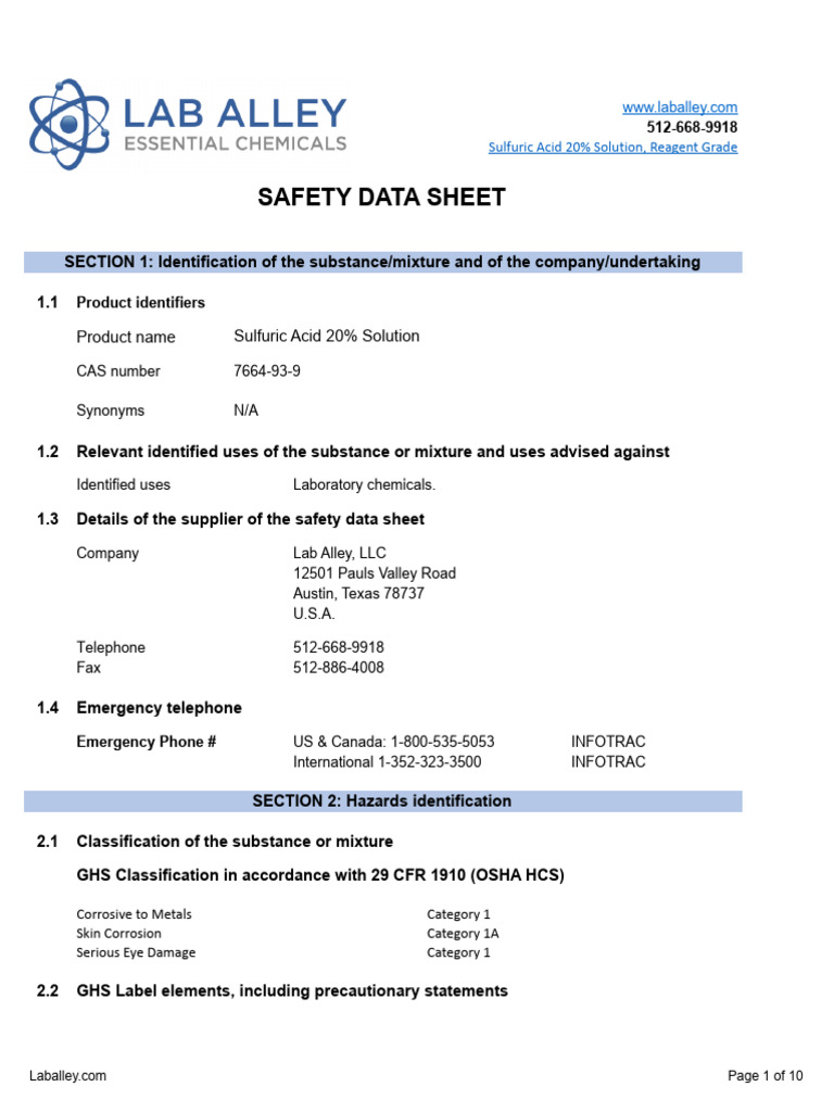 Sulfuric Acid 20 Solution Reagent Grade 1 Liter Bottle Safety Data ...