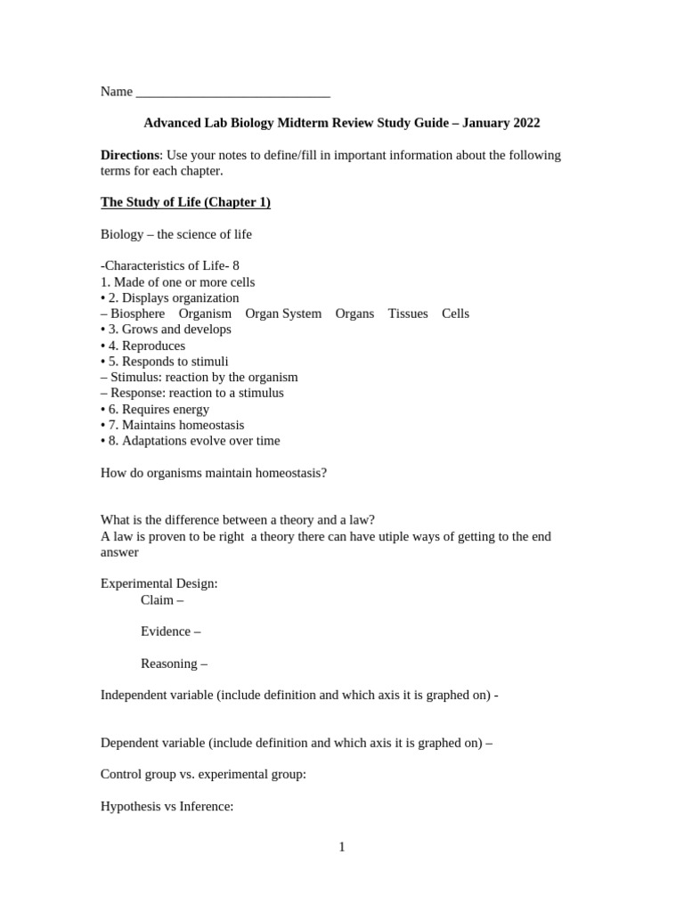 Advanced Biology Midterm Study Guide | PDF | Cellular Respiration ...