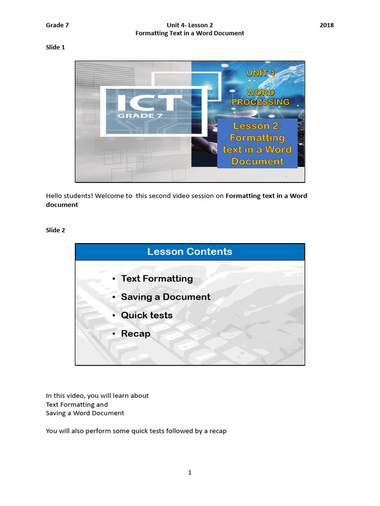 Unit 4 - Lesson 2 - Formatting Text in a Word Document | PDF ...