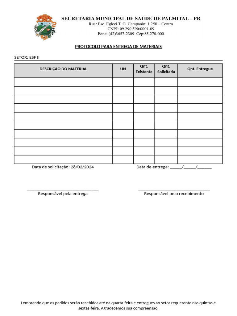 Modelo de Protocolo para Entrega de Materiais | PDF