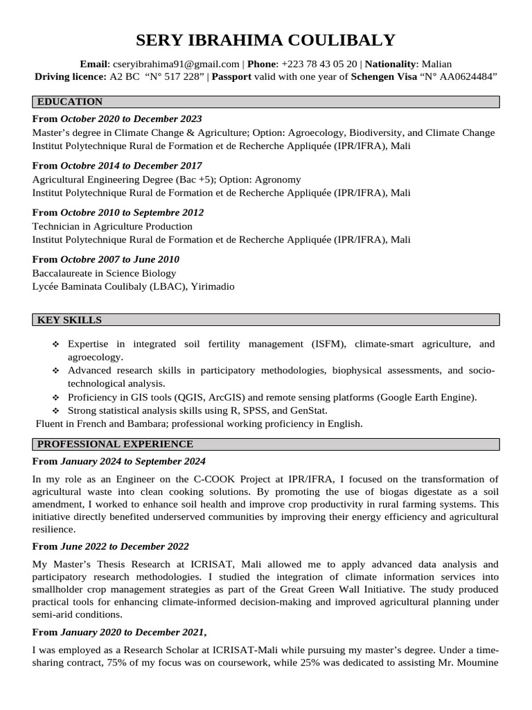CV - Sery Ibrahima Coulibaly | PDF | Agriculture | Sustainable Agriculture