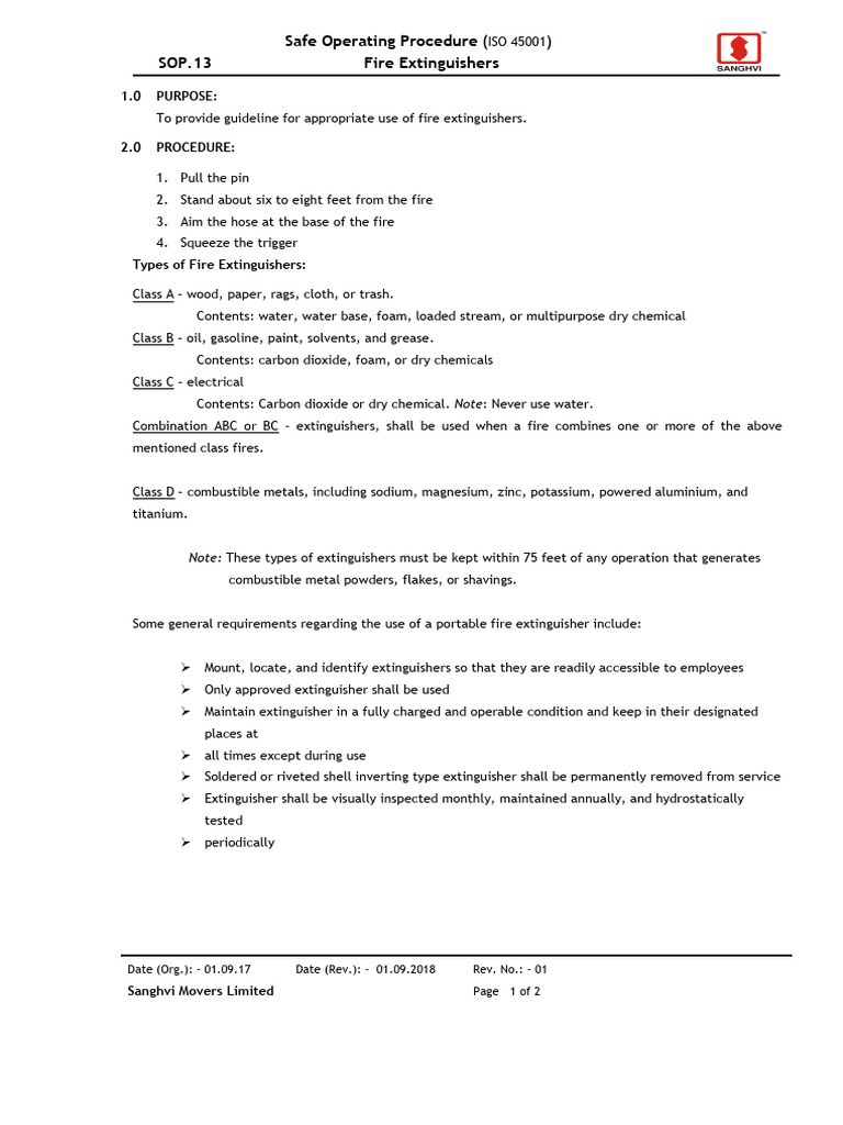SOP.13 USE OF FIRE EXTINGUISHERS 1 | PDF | Materials | Chemical Substances