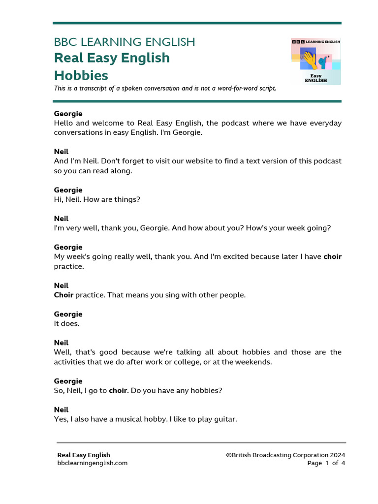 RealEasyEnglish Transcript Hobbies | PDF