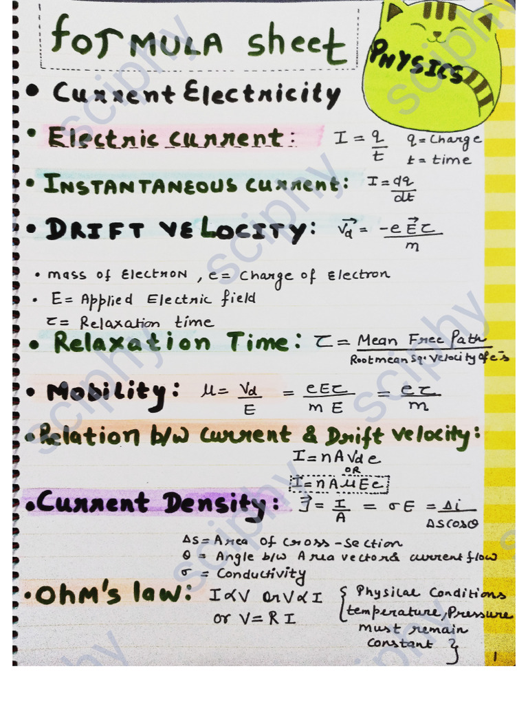 Current Electricity Formula Sheet | PDF