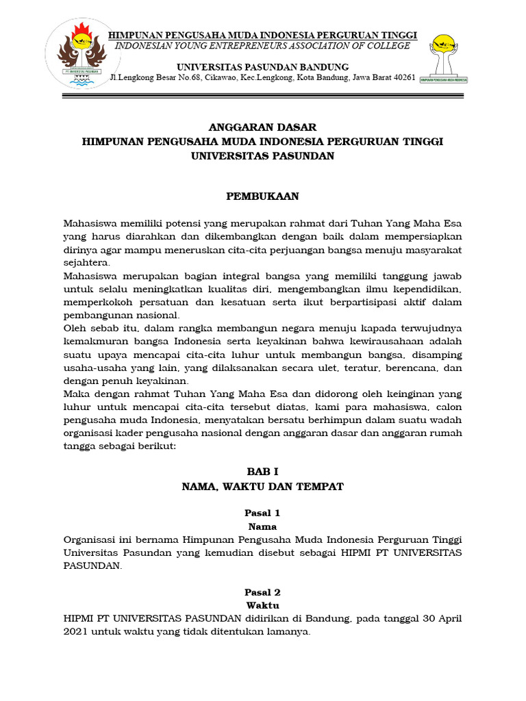 Anggaran Dasar Hipmi PT Unpas | PDF