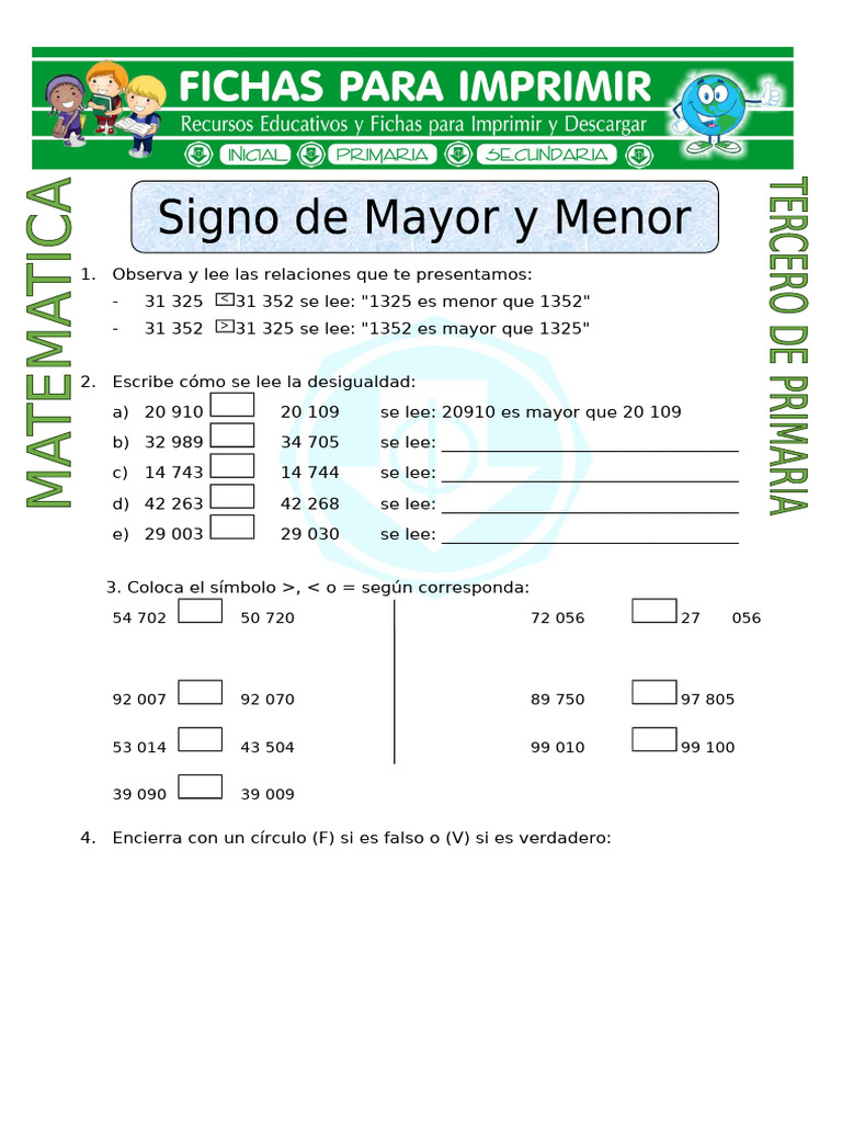 Ejercicios de Mayor y Menor para Tercer Grado | PDF