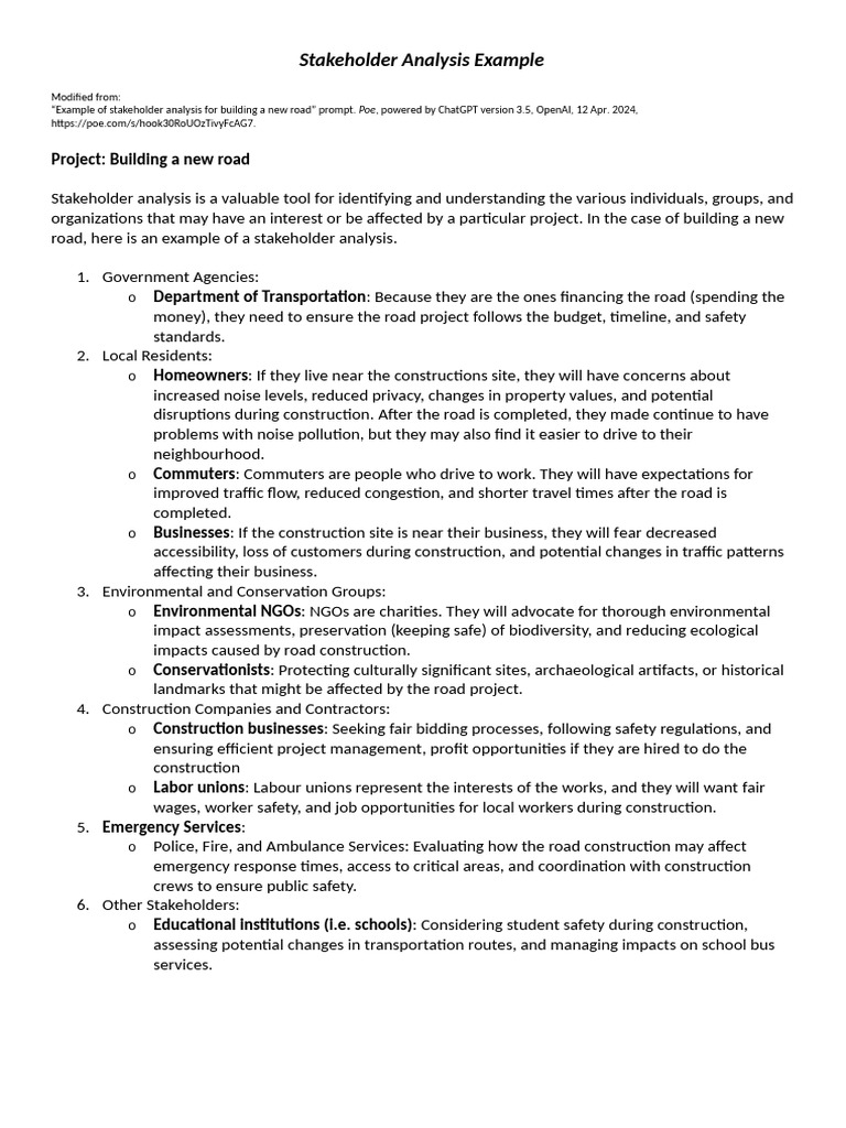 Stakeholder Analysis Example | PDF | Road | Occupational Safety And Health
