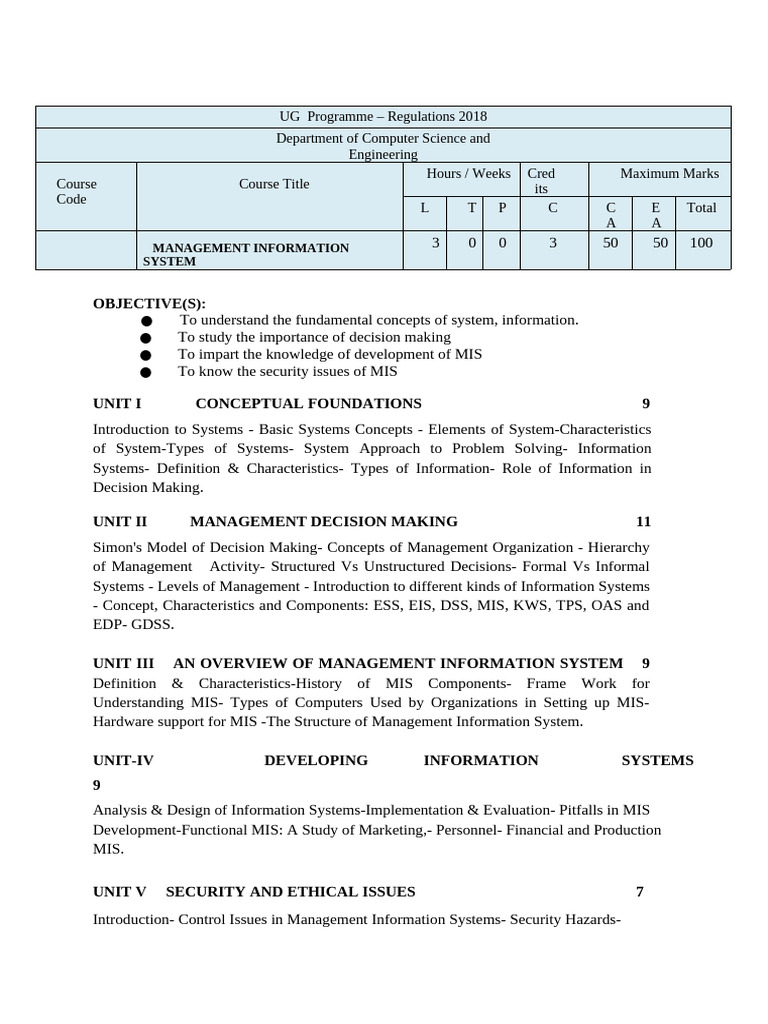 Mis Syllabus 2018 Regulation | PDF | Management Information System | System