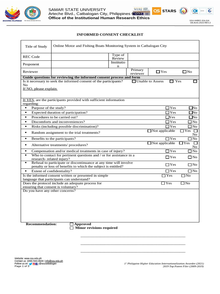Inform Consent Checklist (Do Not Submit - Only Guide For Inform Consent ...