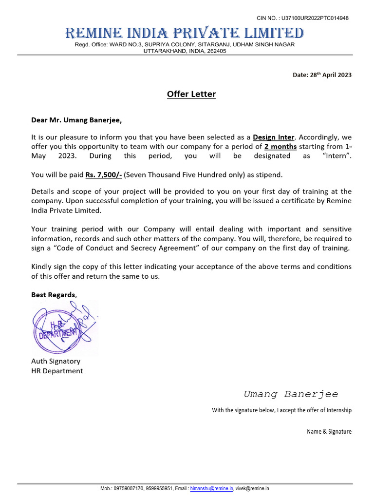 Offer Letter Umang Remine 2023-2 | PDF
