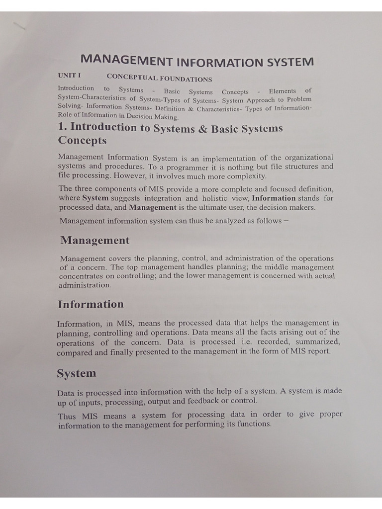 MIS-Unit 1 Notes | PDF