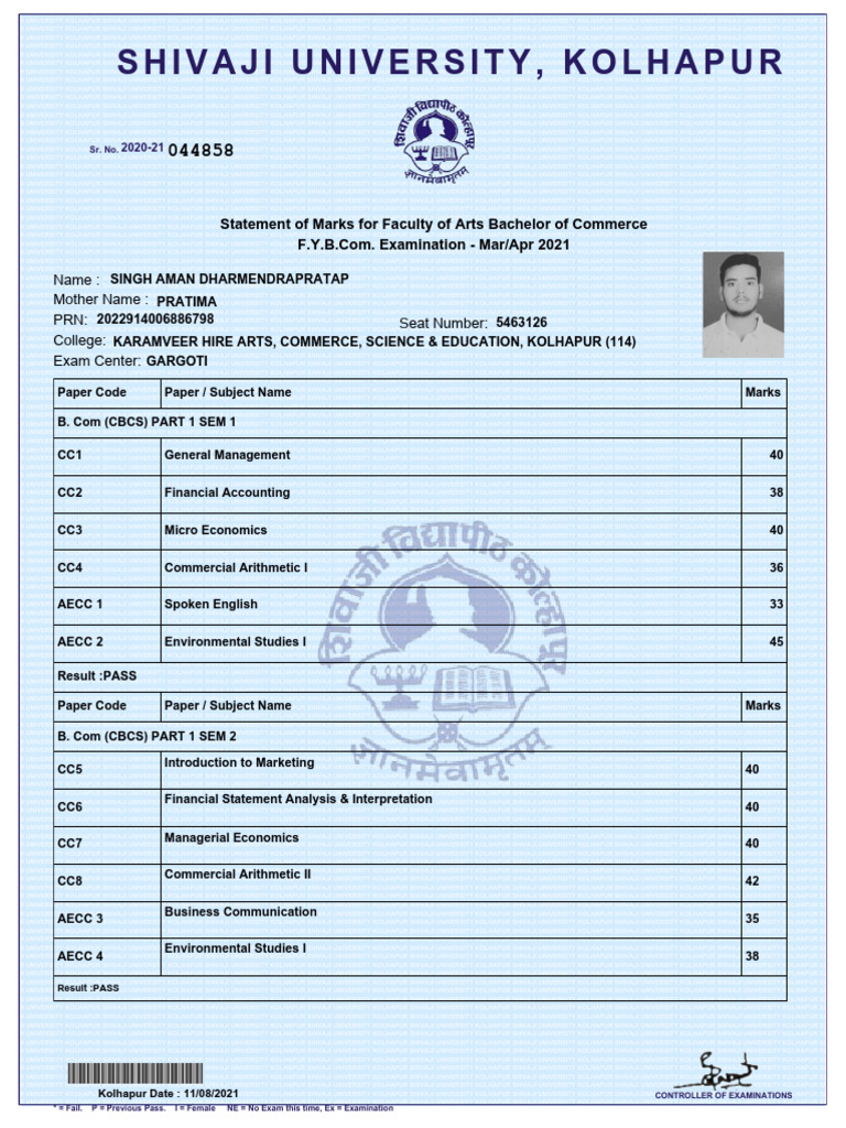 Singh Aman Dharmendrapratap B.com Marksheet (3) | PDF | Qualifications