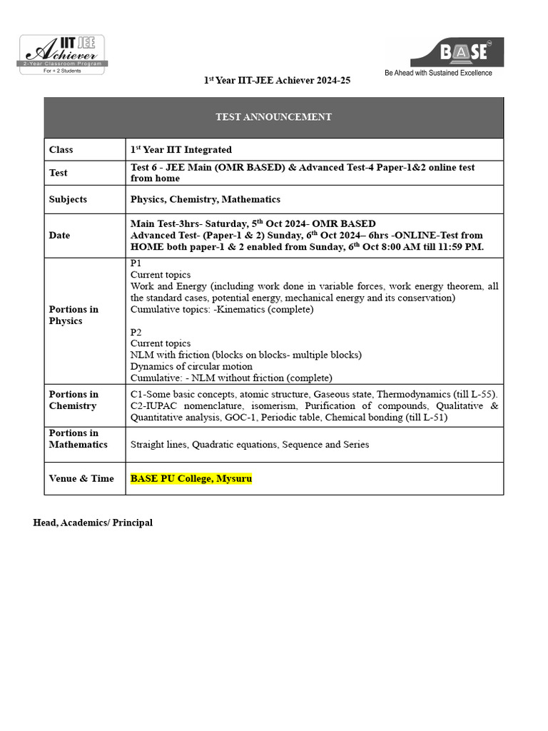 IIT-JEE Test Announcement 2024-25 | PDF