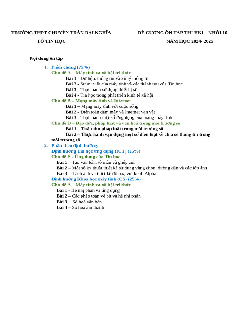 FINAL - K10-Ôn Tập - HKI - 24.25 - ĐA | PDF
