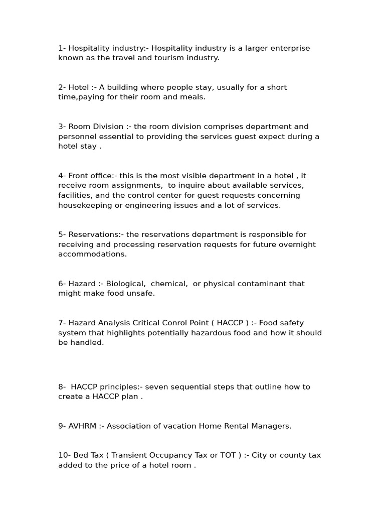 Hospitality Industry Terms Explained | PDF | Hazard Analysis And ...