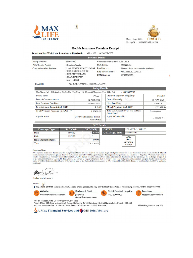 Ashok Taneja Premium Receipt | PDF
