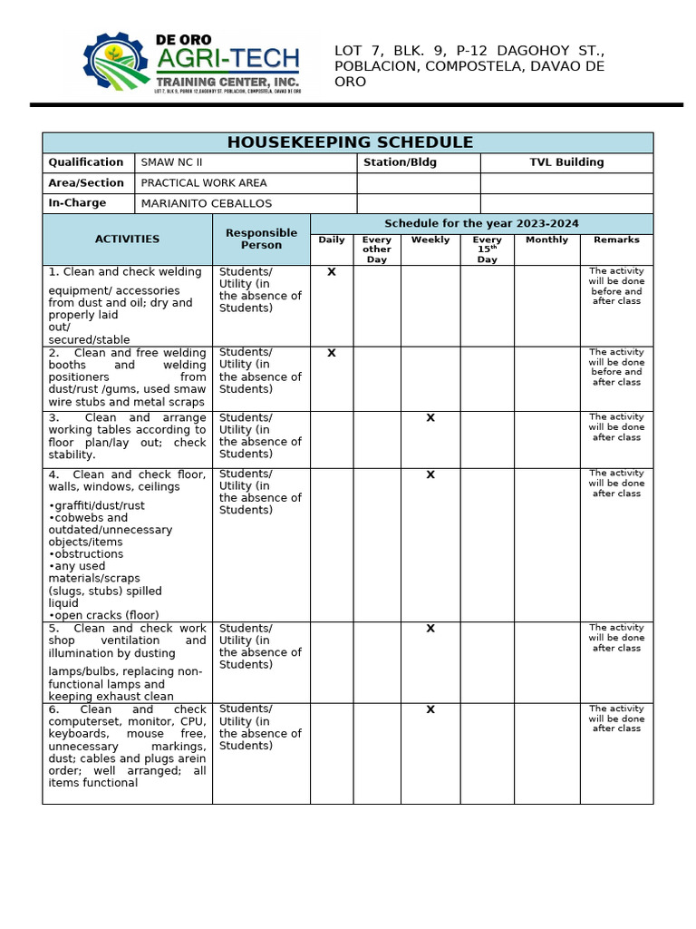TM 1 Housekeeping Schedule | PDF | Housekeeping
