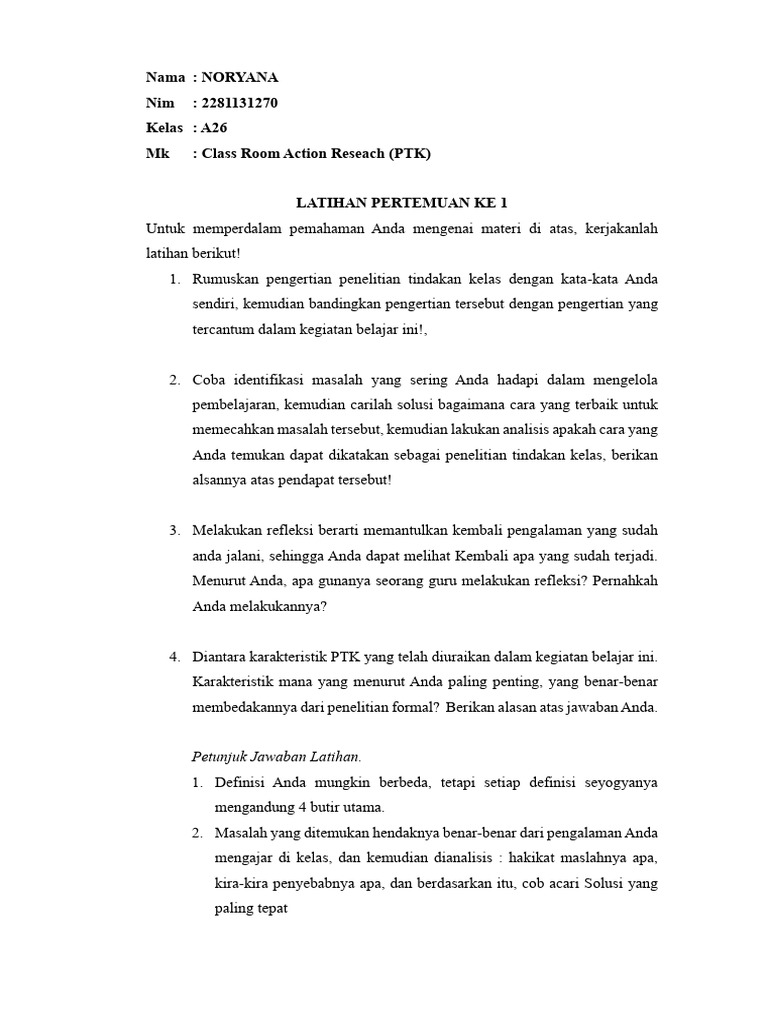 Tugas 1 MK Class Room Action Reseach (PTK) 27 Sep 2024 | PDF