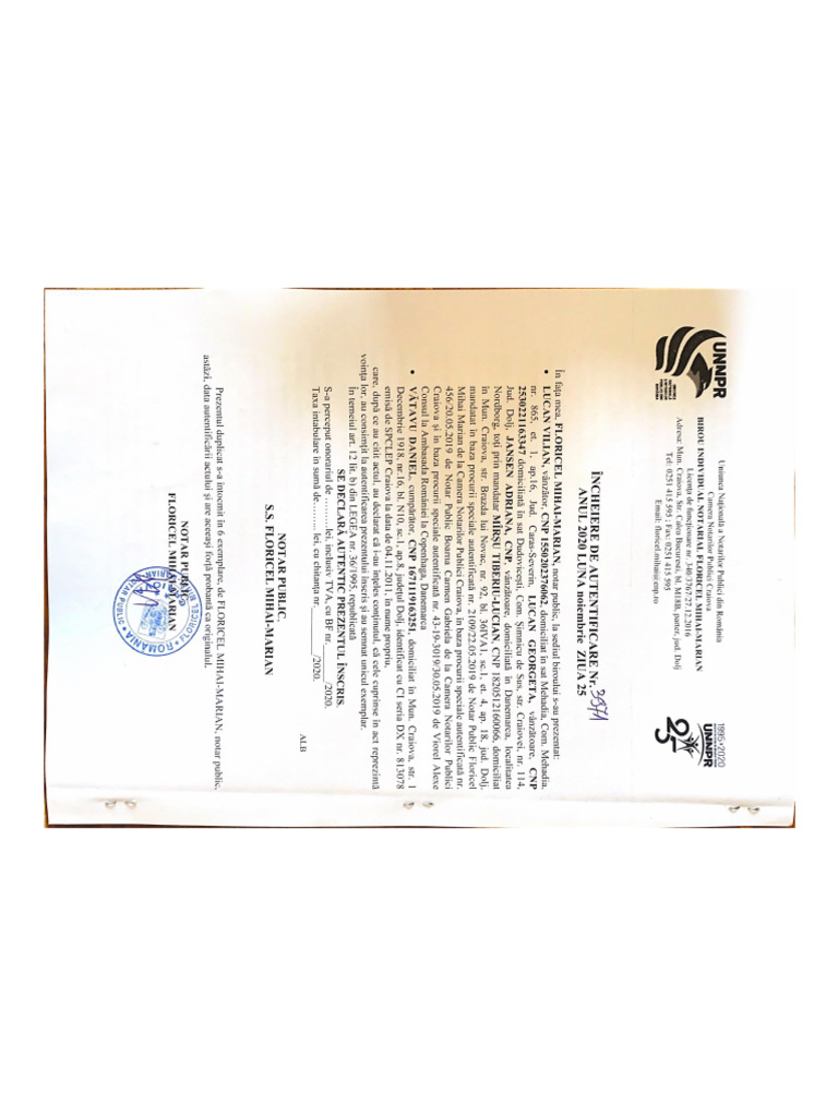 Taxa Intabulare În Suma de. ........ Lei, Cu Chitanta Nr. | PDF