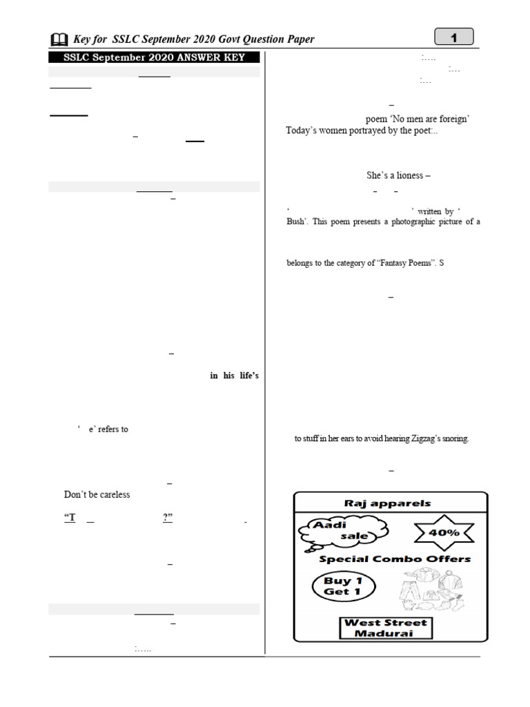 10th English September 2020 Question Answer Key Kalviexpress | PDF ...