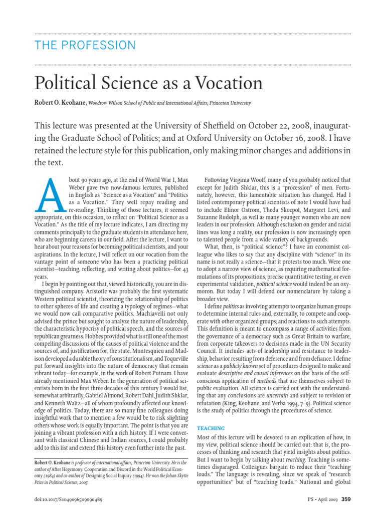 Political Science As A Vocation. Robert O. Keohane | PDF | Prediction ...