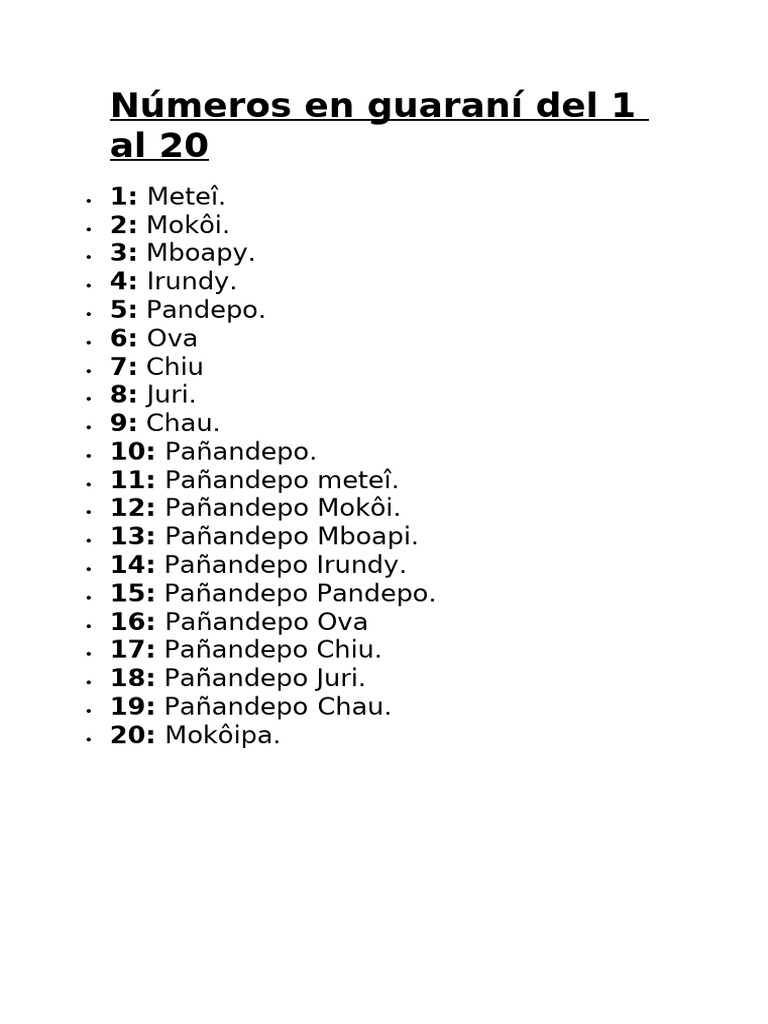 Números en Guaraní Del 1 Al 20 | PDF