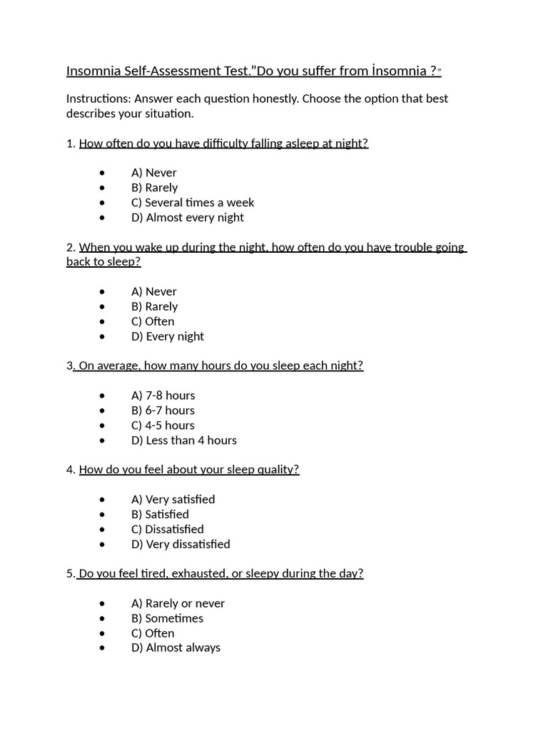Insomnia Self-Assesment Test . | PDF