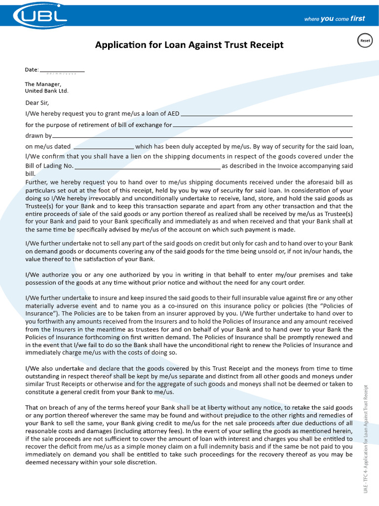 UAE TFC 4 - Trust Receipt | PDF | Loans | Insurance