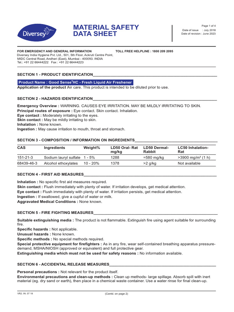 Msds - Jflex -Good Sense Hc - Fresh Liquid Air Freshener | PDF | Personal Protective Equipment ...