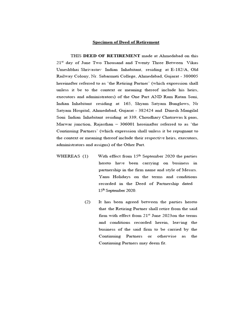 Deed of Retirement for Partner Vikas | PDF | Payments | Partnership