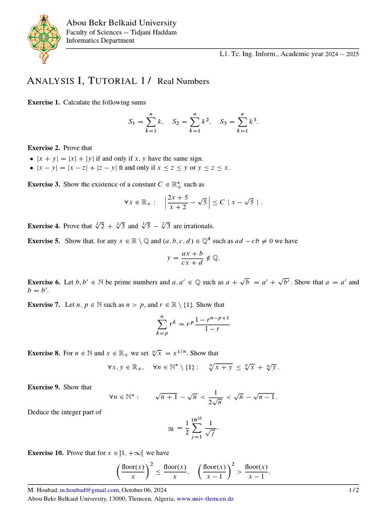 Tutorial 1, Real Numbers, L1 TC Info Ing 2024-2025 | PDF | Elementary ...