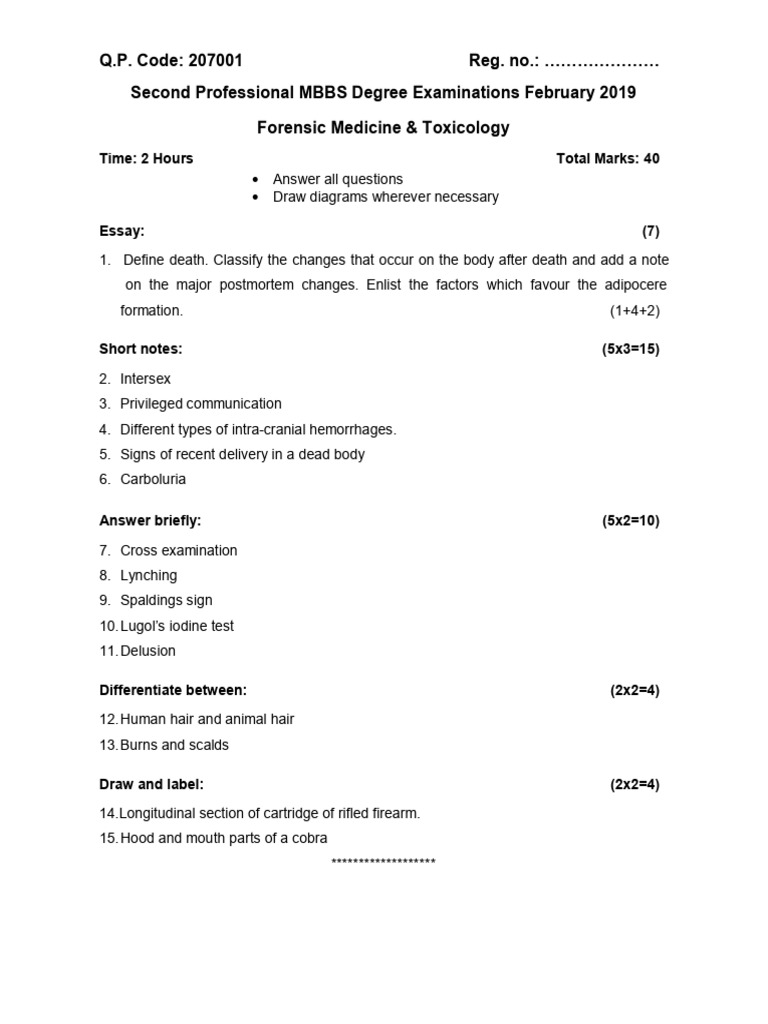 Q.P. Code: 207001 Reg. No.: Second Professional MBBS Degree ...