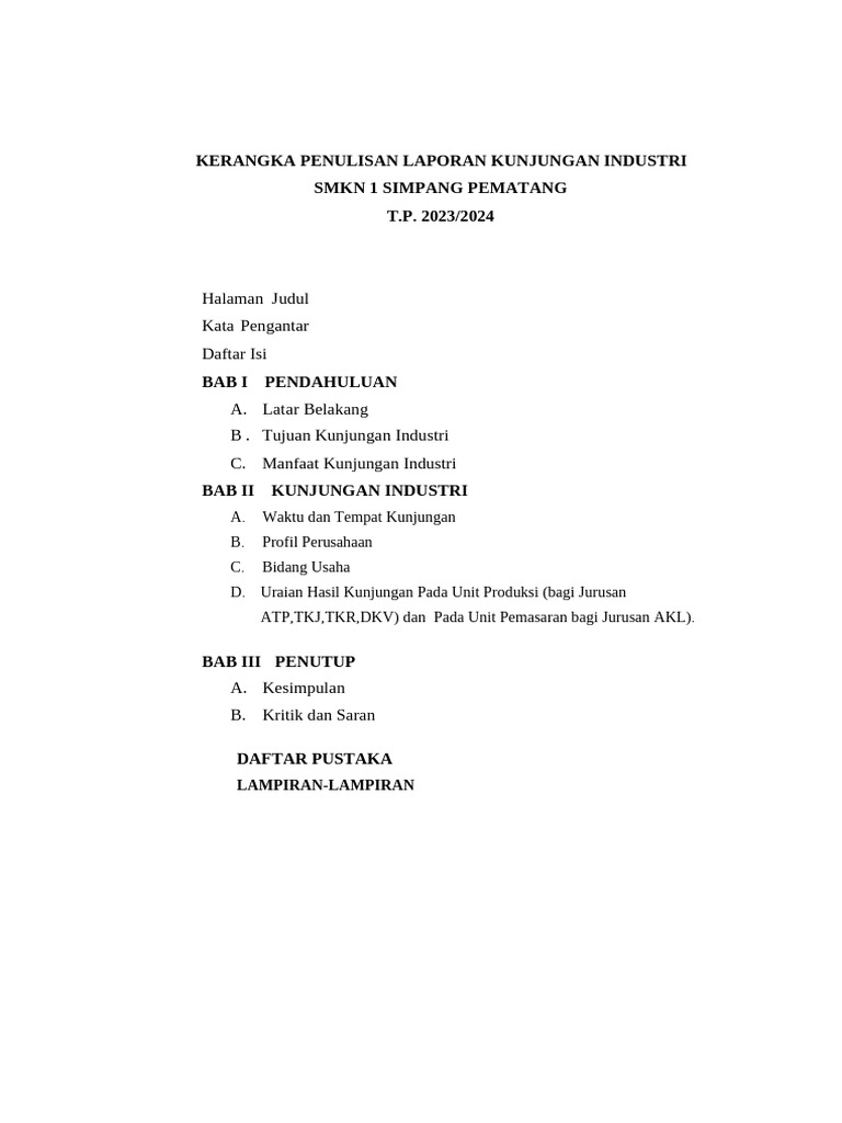 kerangka penulisan laporan kunjungan industri smk | PDF