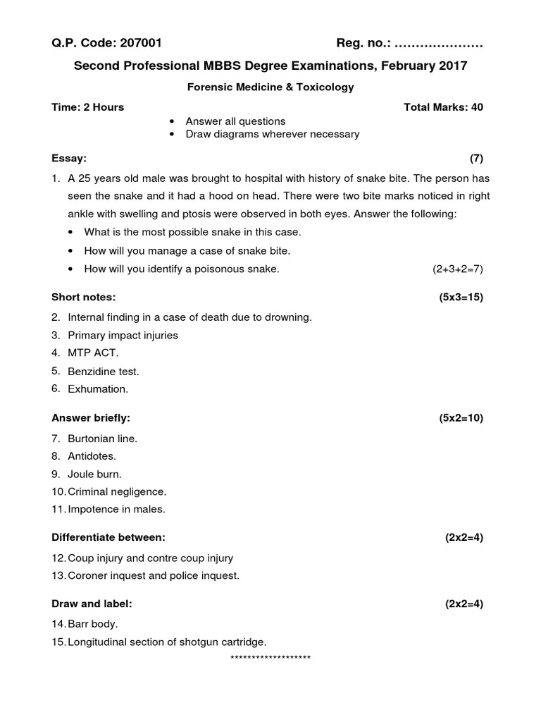 Q.P. Code: 207001 Reg. No.: Second Professional MBBS Degree ...