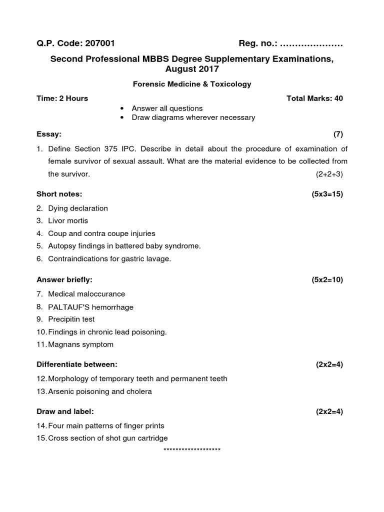 Q.P. Code: 207001 Reg. No.: Second Professional MBBS Degree Supplementary Examinations, August ...