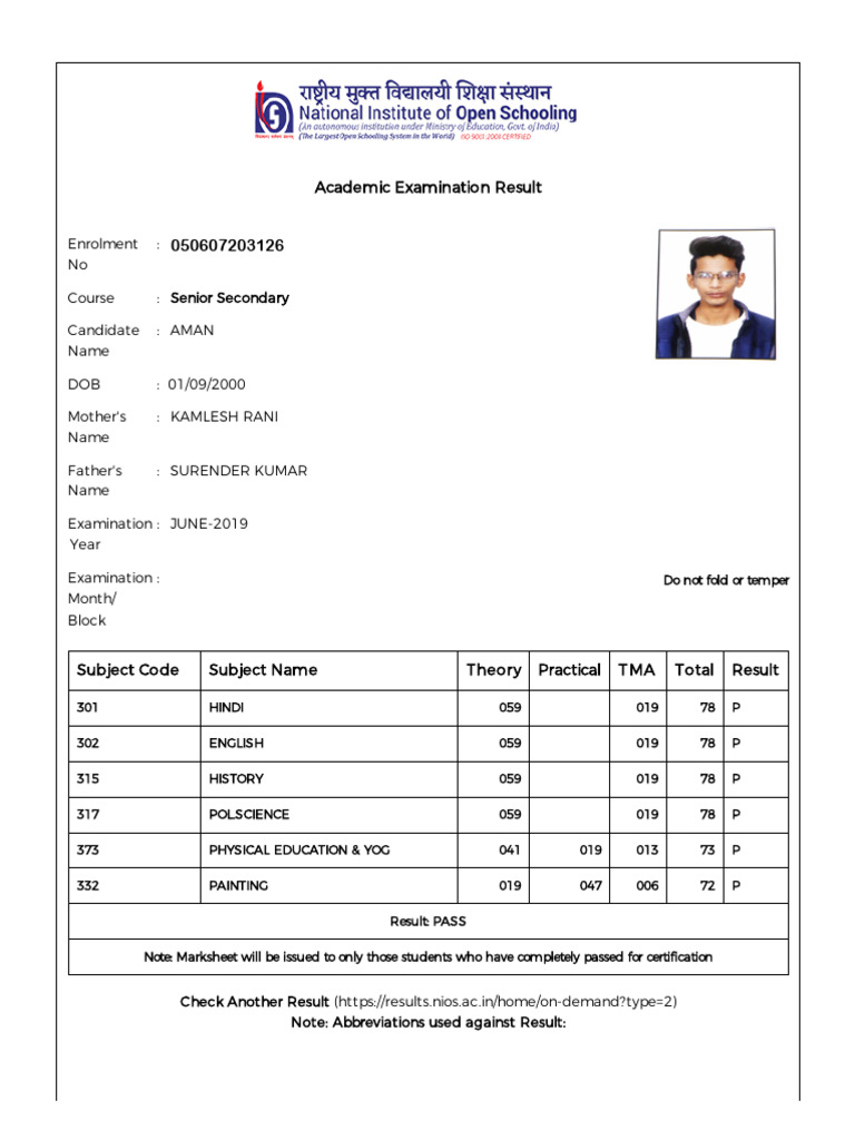 NIOS 12th Result and Marksheet Details | PDF