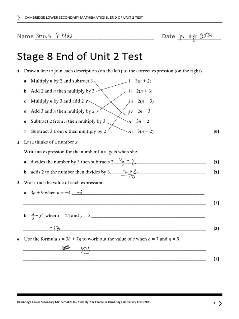 Stage 8 End of Unit 2 Test Answers | PDF | Equations | Elementary ...